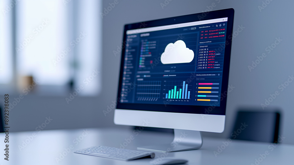 Modern office setting, desktop monitor displaying cloud data analytics, performance metrics ...