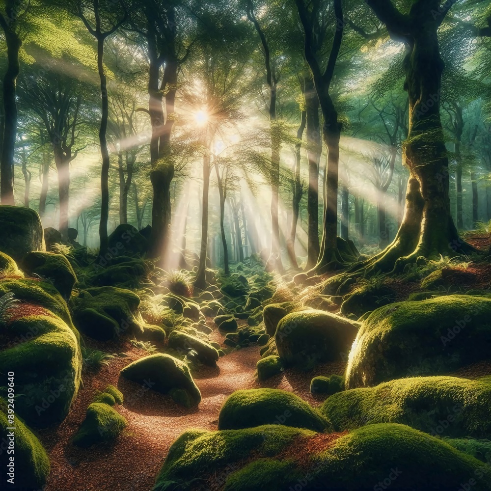 Plusieurs arbres dans une forêt lumineuse et verdoyante avec des roches ...