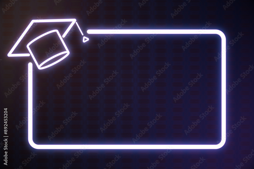 Neon graduation cap and frame glowing on a dark brick wall background ...