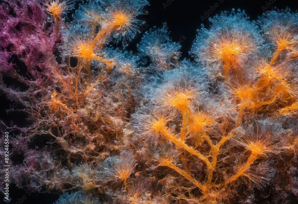 Microscope of mucous mold exploding in natural habitat, transparent ...