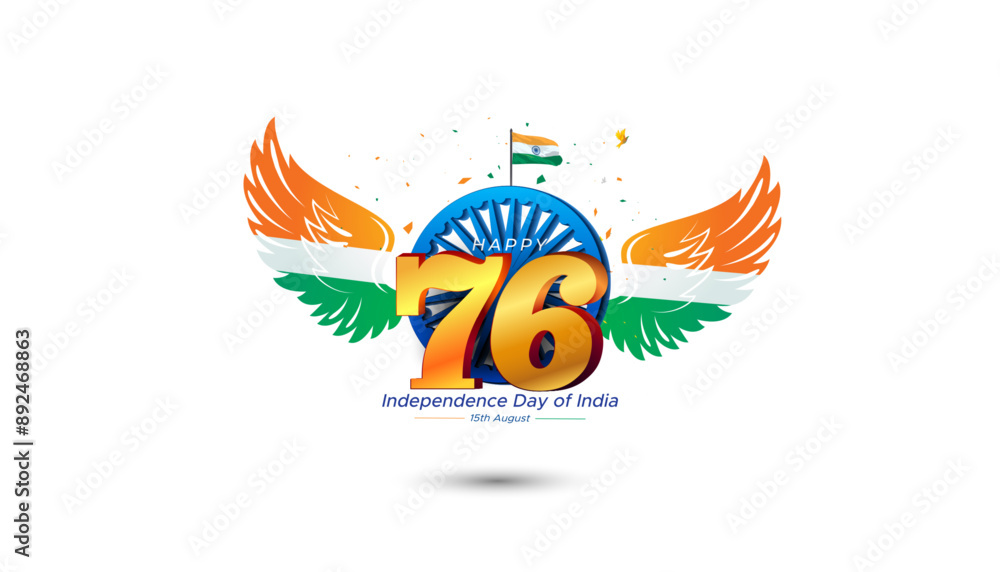 happy independence day . 76 3d text with Tricolor flag, wings and ...