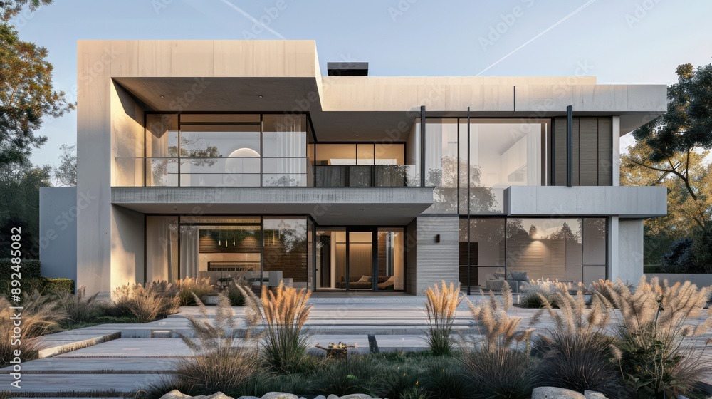 modern suburban home with a minimalist design, featuring a fa? section ...