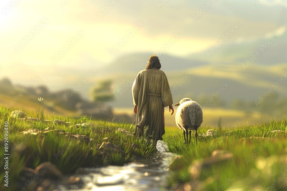 Jesus beside a sheep, depicted as the Good Shepherd. Perfect for themes ...