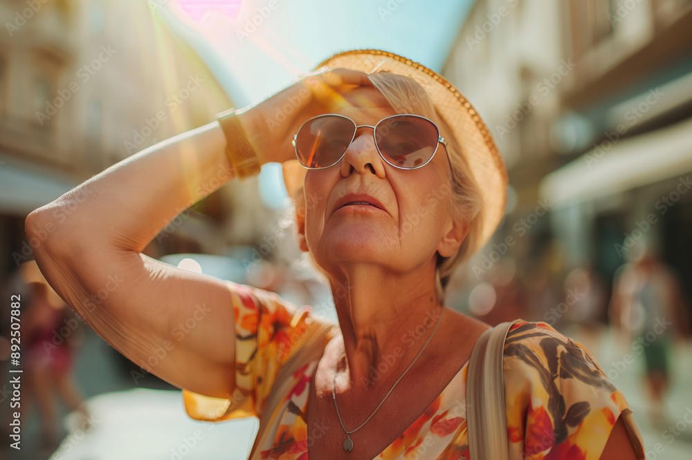 Senior woman suffering from extremely high temperature, heat stroke and ...