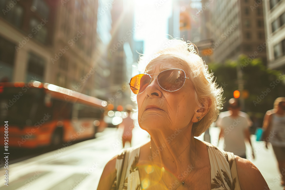 Senior woman suffering from extremely high temperature, heat stroke and ...