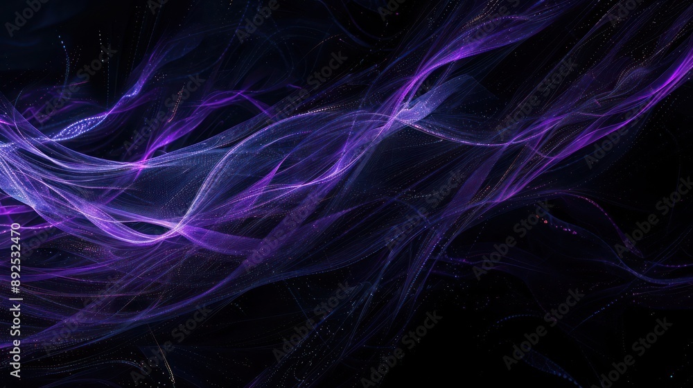 Luminous violet and indigo threads weaving through a black canvas ...