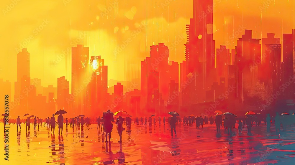Heatwaves in a city with people seeking shade, illustrating the rise in ...