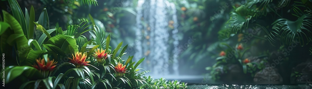 Exotic flowers in a lush tropical rainforest with dense vegetation and ...