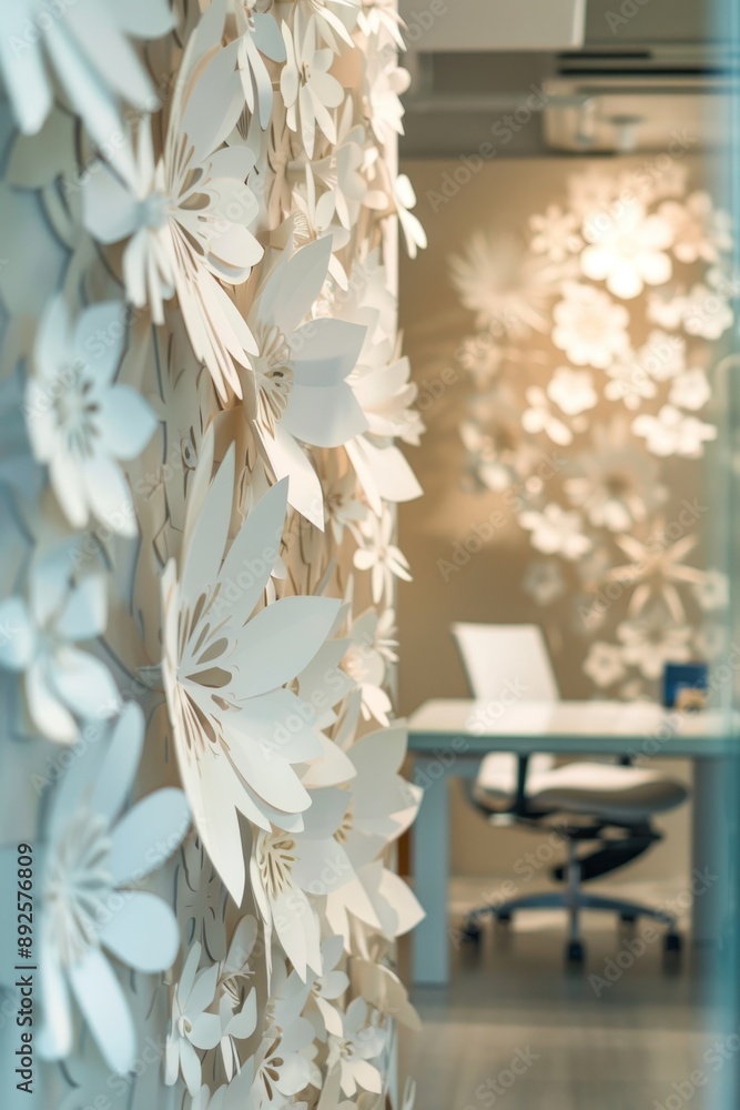 A cubicle wall is decorated with colorful paper cut-outs and festive ...