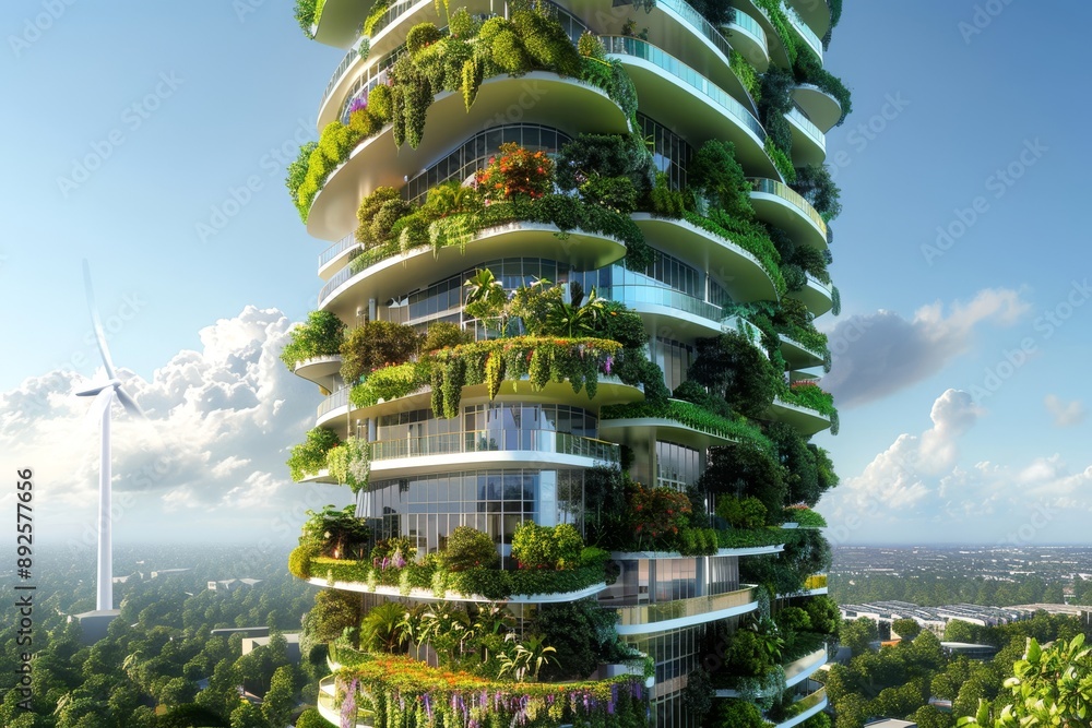 Eco-friendly skyscraper with integrated wind turbines and solar panels ...