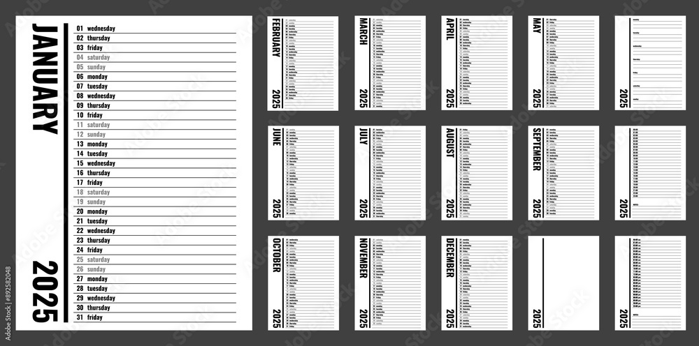 2025 year planner, vertical personal organizer template, english month ...