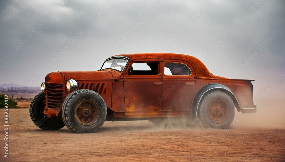 Rusty old apocalyptic monster car ridignt through desert Stock Photo ...