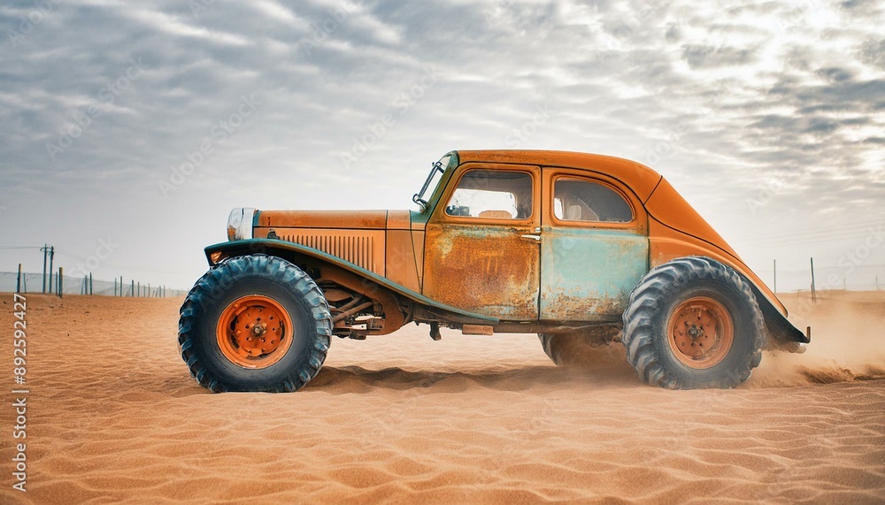 Rusty old apocalyptic monster car ridignt through desert Stock Photo ...