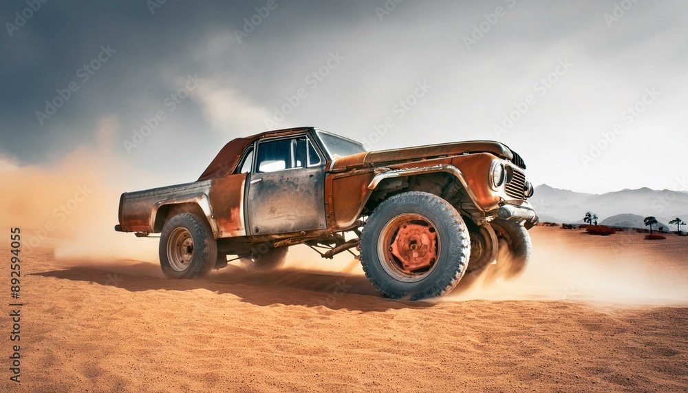 Rusty old apocalyptic monster car ridignt through desert Stock Photo ...