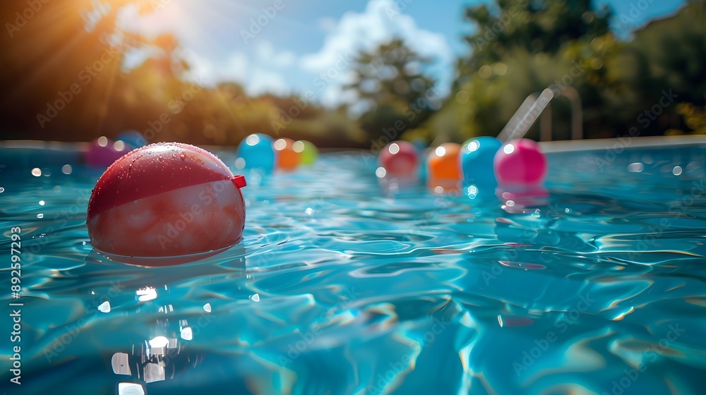 Colorful beach balls floating in pool, vibrant sunlight, crystal clear ...