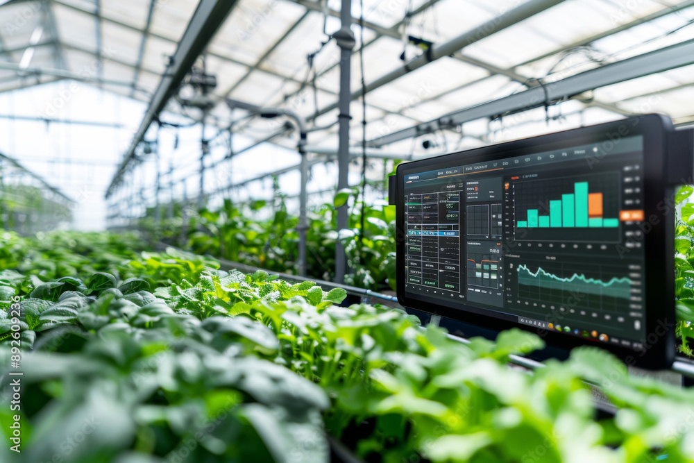 Hydroponic farm with IoT analytics dashboard on display, monitoring ...
