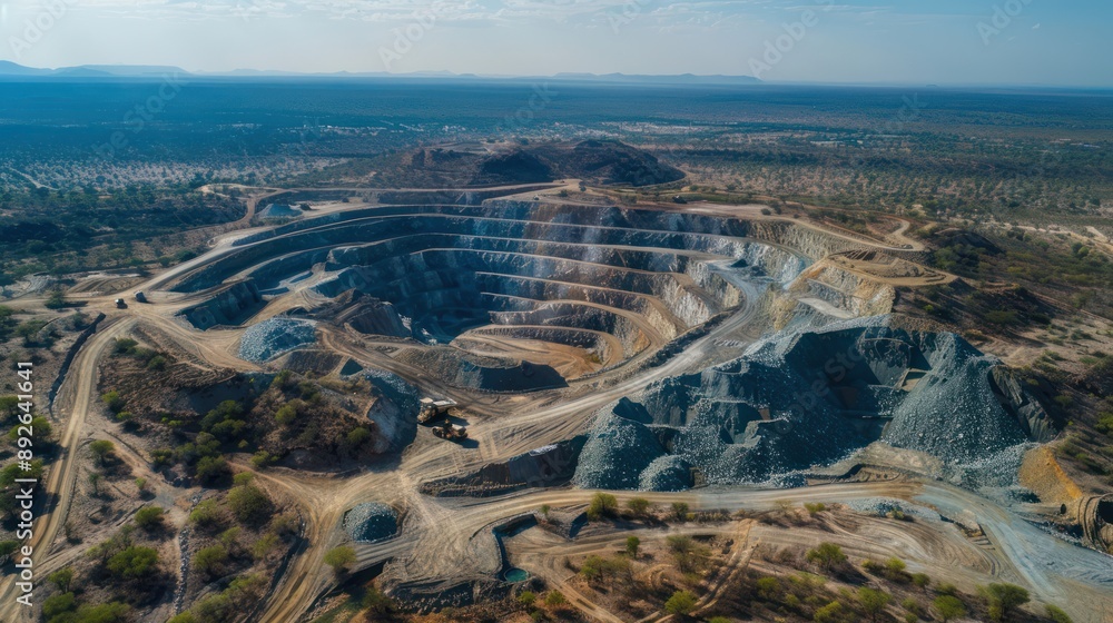 Overview of a diamond mine site with surrounding landscape and ...
