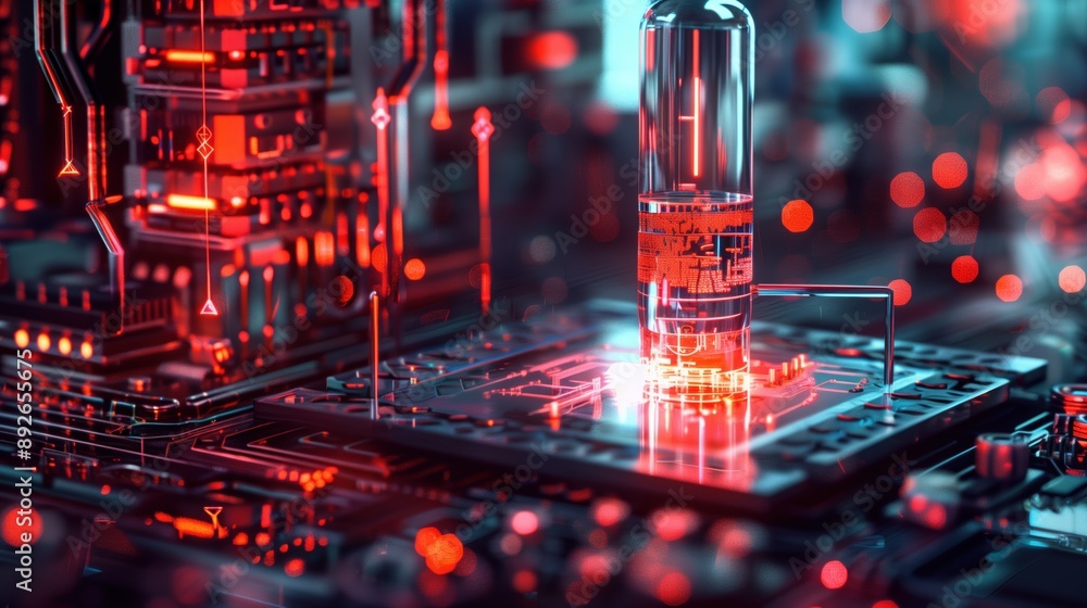 Futuristic quantum computer with glowing qubits in a high-tech laboratory, demonstrating quantum ...