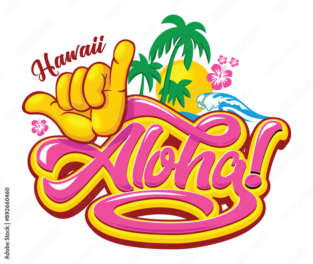Aloha Hawaii beach vibes. Tropical island with aloha - lettering, sun ...
