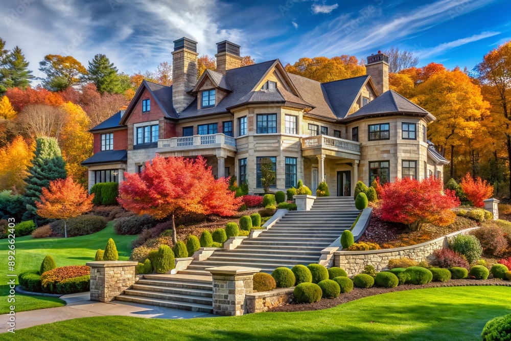 Opulent hillside mansion surrounded by vibrant autumn foliage, boasting ...