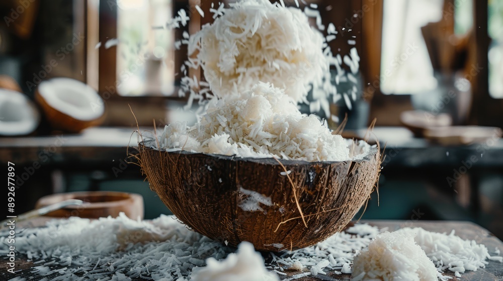 Making Coconut Milk: Fresh coconut being grated and squeezed to make ...