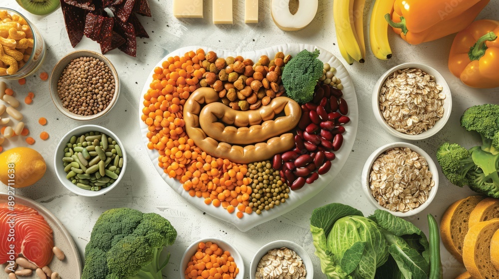 Visual depicting a human intestine filled with fiber-rich foods like ...