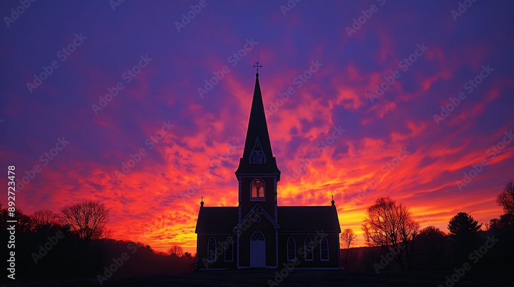 Silhouette of a church steeple against a dramatic sunset, vivid shades ...