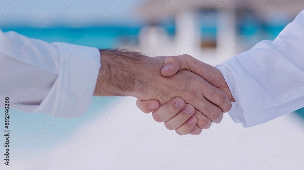 Professional man shaking hands, front view, soft-focus serene beach ...