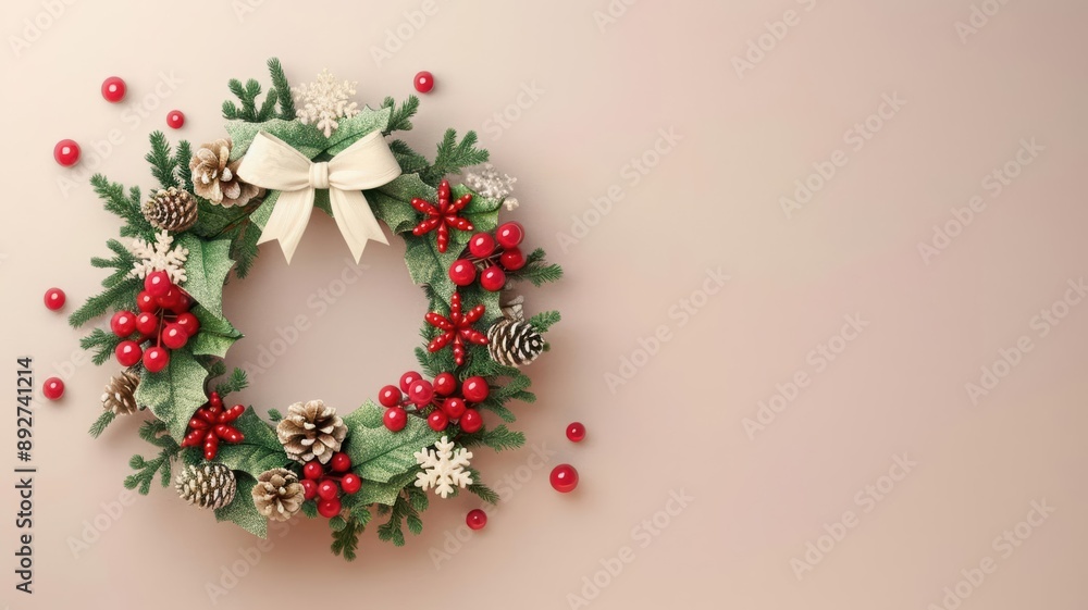 3D Christmas wreath with pinecones, red berries, and a festive bow ...