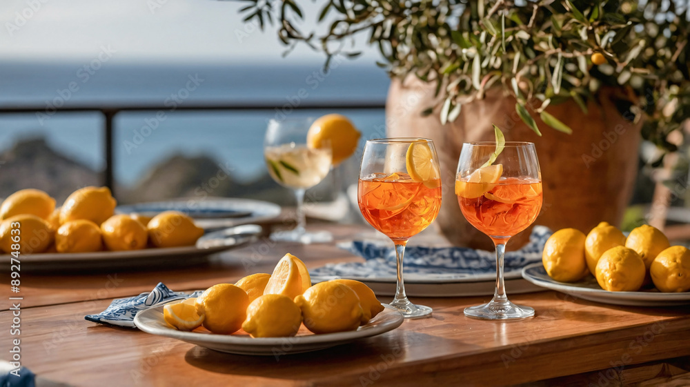 Aperol spritz cocktail served in Italian restaurant. Glasses of summer ...