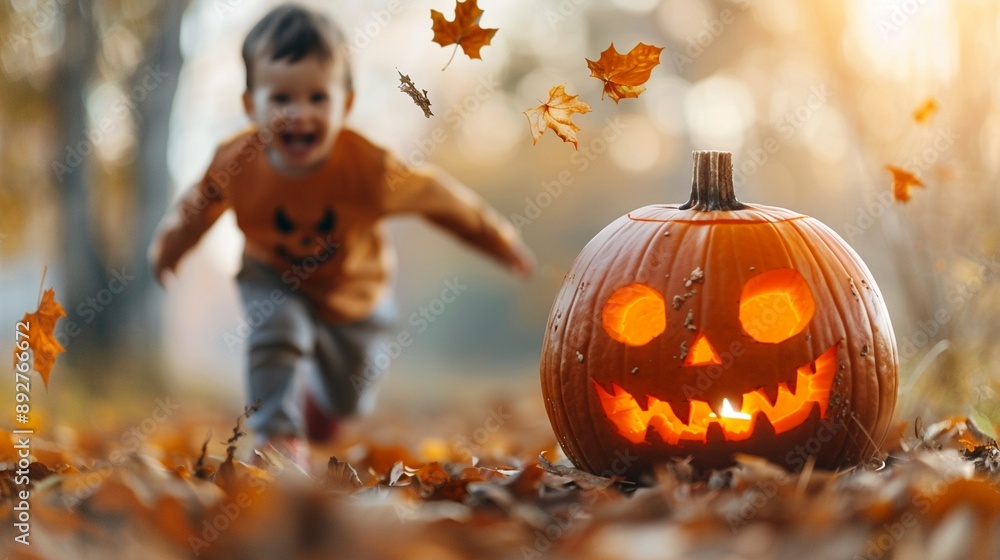 A child jumping back in fright from a carved pumpkin with sharp teeth ...