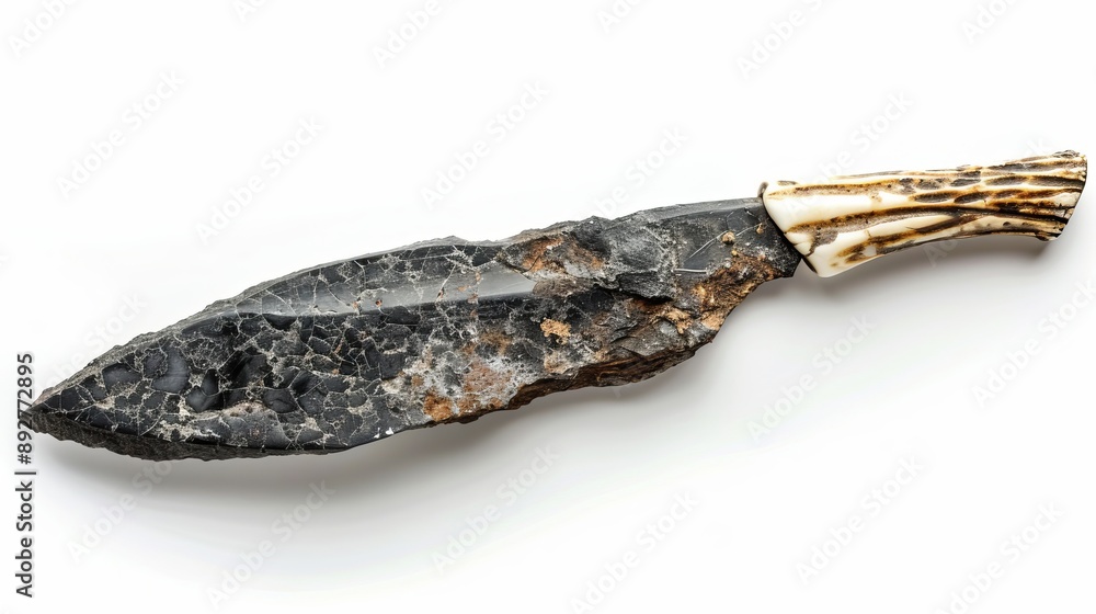 Obsidian knife with a bone handle isolated against a white background ...