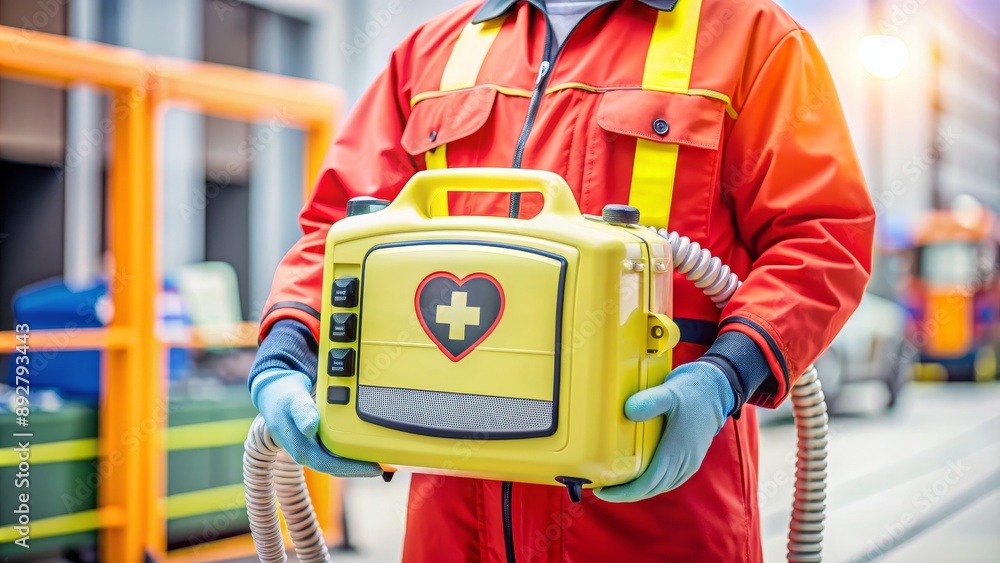 First Responder Holding Portable Defibrillator, Yellow, Red, Rescue ...