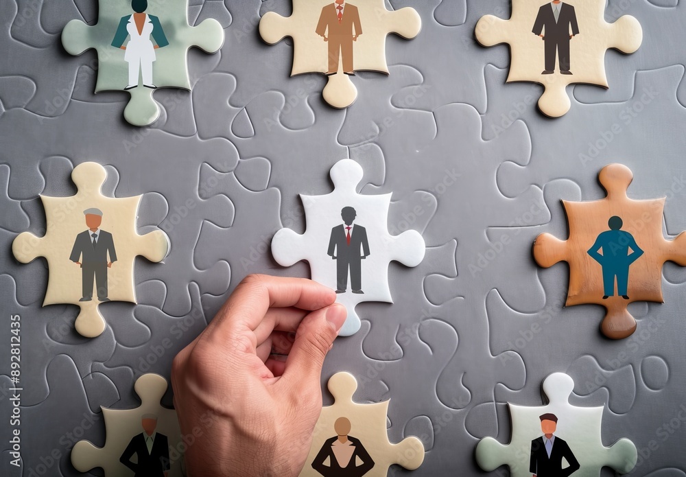 Leading a team and connecting the last jigsaw puzzle piece. Concept of ...