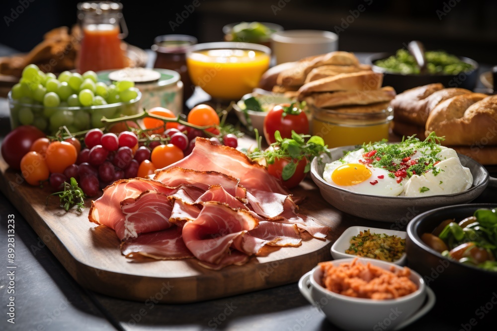 Brunch spread with a variet of dishes pastries. Village Breakfast with ...