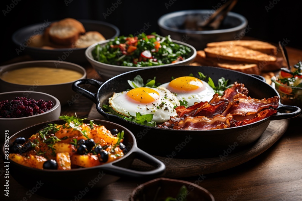 Brunch spread with a variet of dishes pastries. Village Breakfast with ...