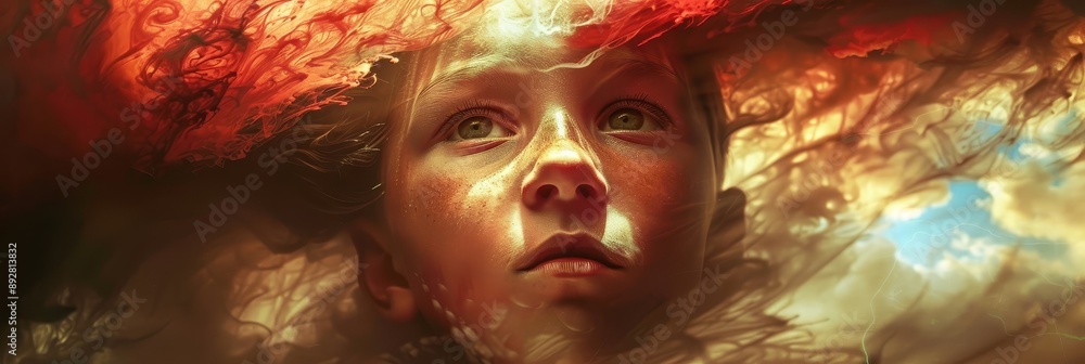 Portrait of a Young Face Emerging from a Swirling Vortex of Red Storm ...