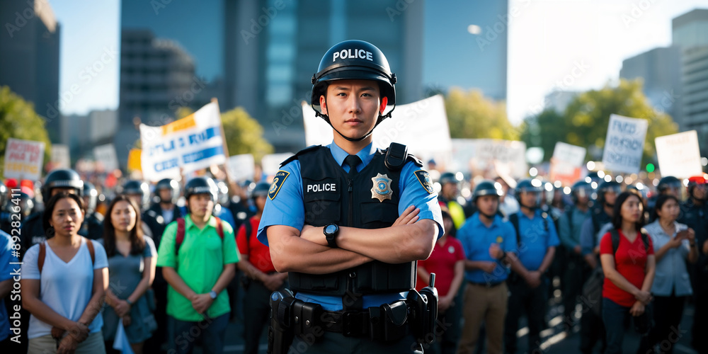 Asian police officer in uniform and helmet guarding protest ...
