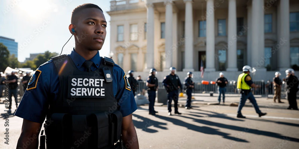 African-American Secret Service agent standing guard outside government ...
