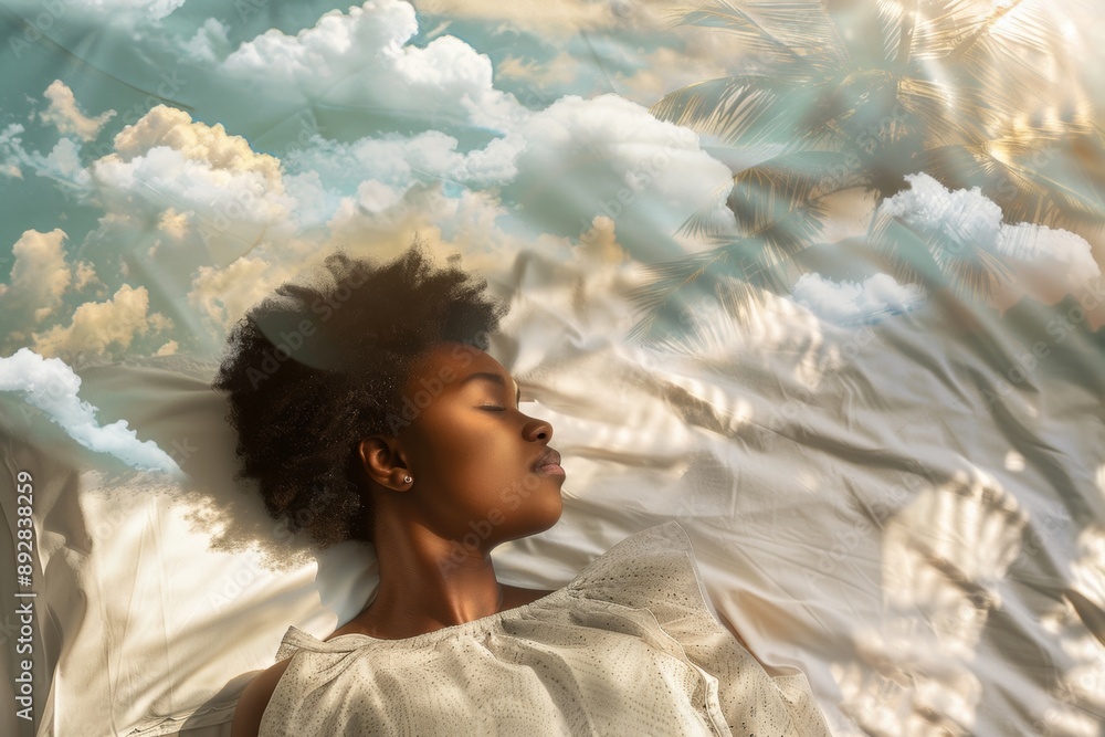 Black woman finds comfort sleeping bed dreaming clouds. Dreamscape of ...