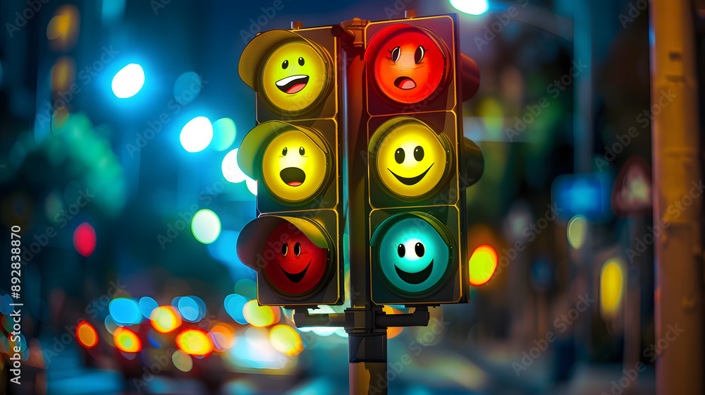 Animated Traffic Light with Happy Faces on City Street at Night ...