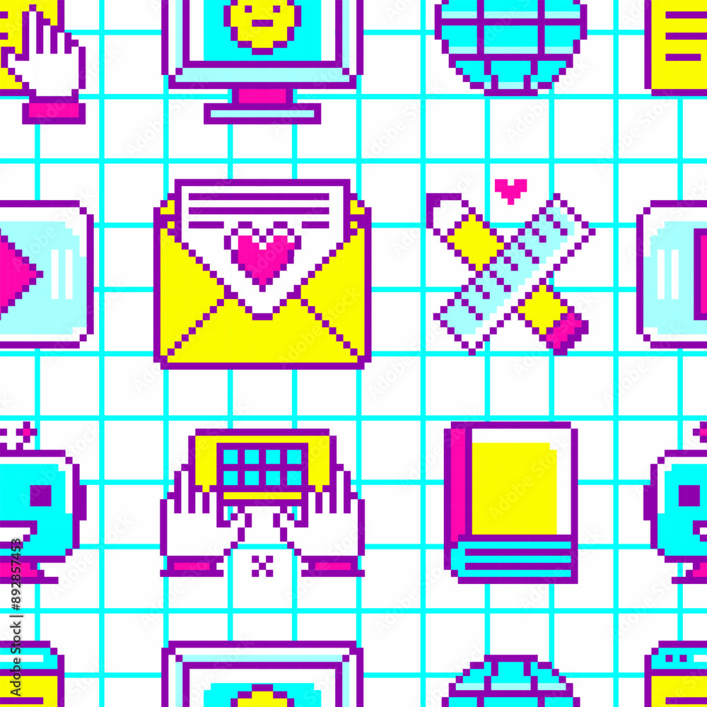 Seamless pattern featured pixel art icons: "my computer", writing app ...