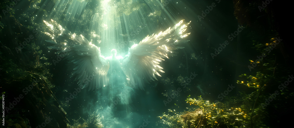 Mystical, mighty angel in a mysterious forest landscape, surrounded by ...