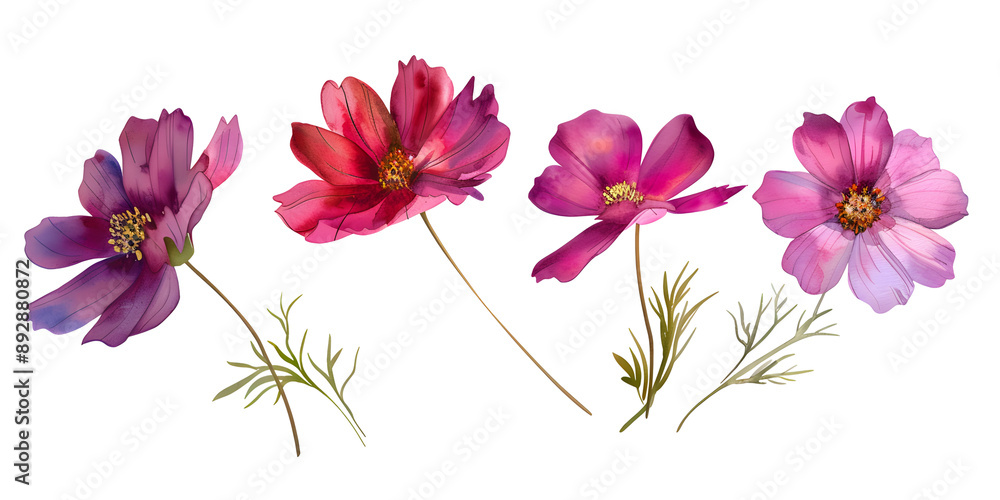 Cosmos flowers, clipart set, illustration in watercolor style isolated ...