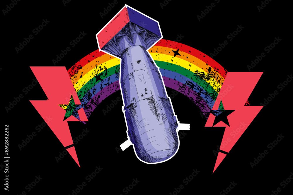 T-shirt design of an atomic bomb next to two thunderbolts symbols and a ...