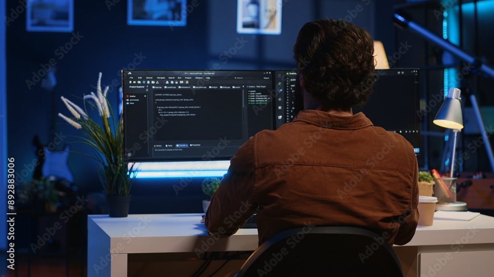 Remote software developer arriving in personal office at home, starting job shift with cup of ...