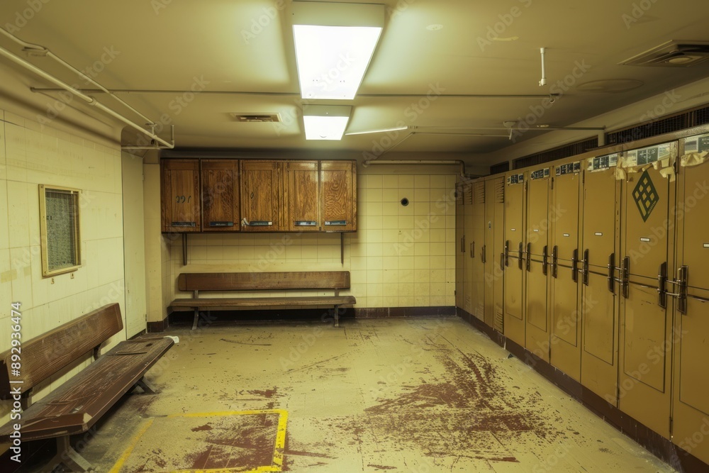 Exploring the eerie. Abandoned locker room interior of an old ...