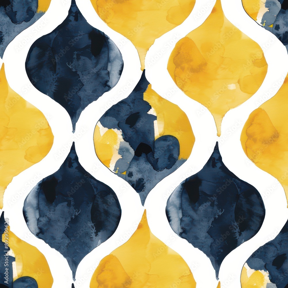 Watercolor ogee pattern in mustard yellow and navy blue seamless ...