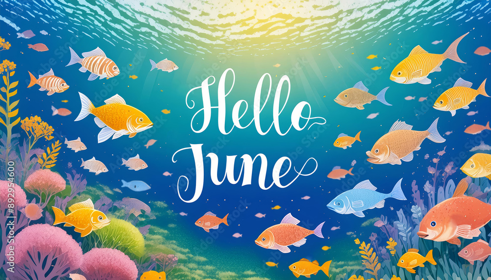 Hello June calligraphic text message on colorful tropical summer ...