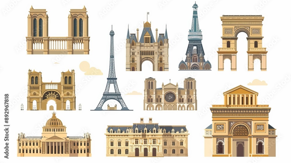 An illustrated collection of iconic Parisian landmarks including the Eiffel Tower, Notre Dame ...